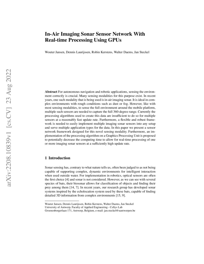 In Air Imaging Sonar Sensor Network With Real Time Processing Using