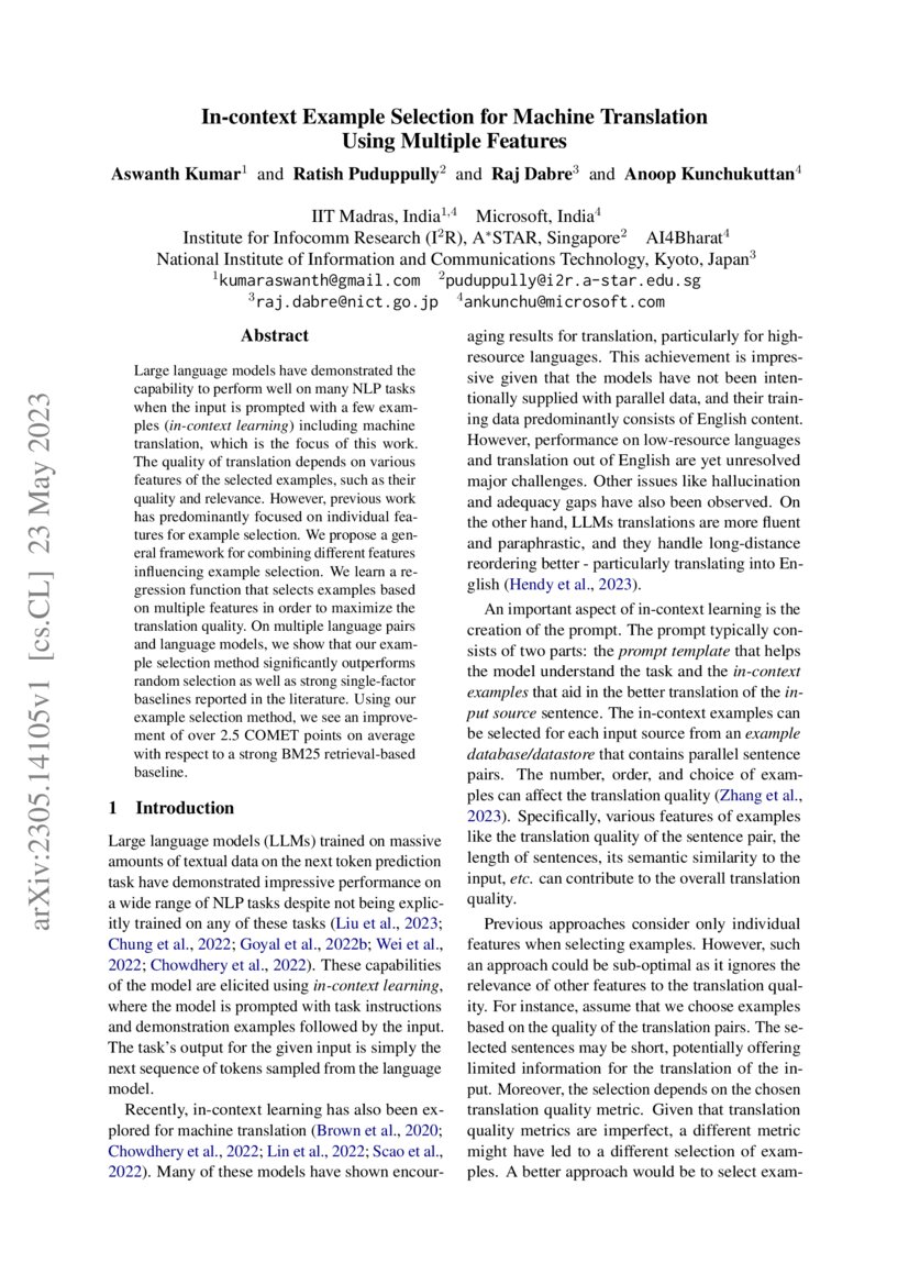 In-context Example Selection for Machine Translation Using Multiple Features | DeepAI