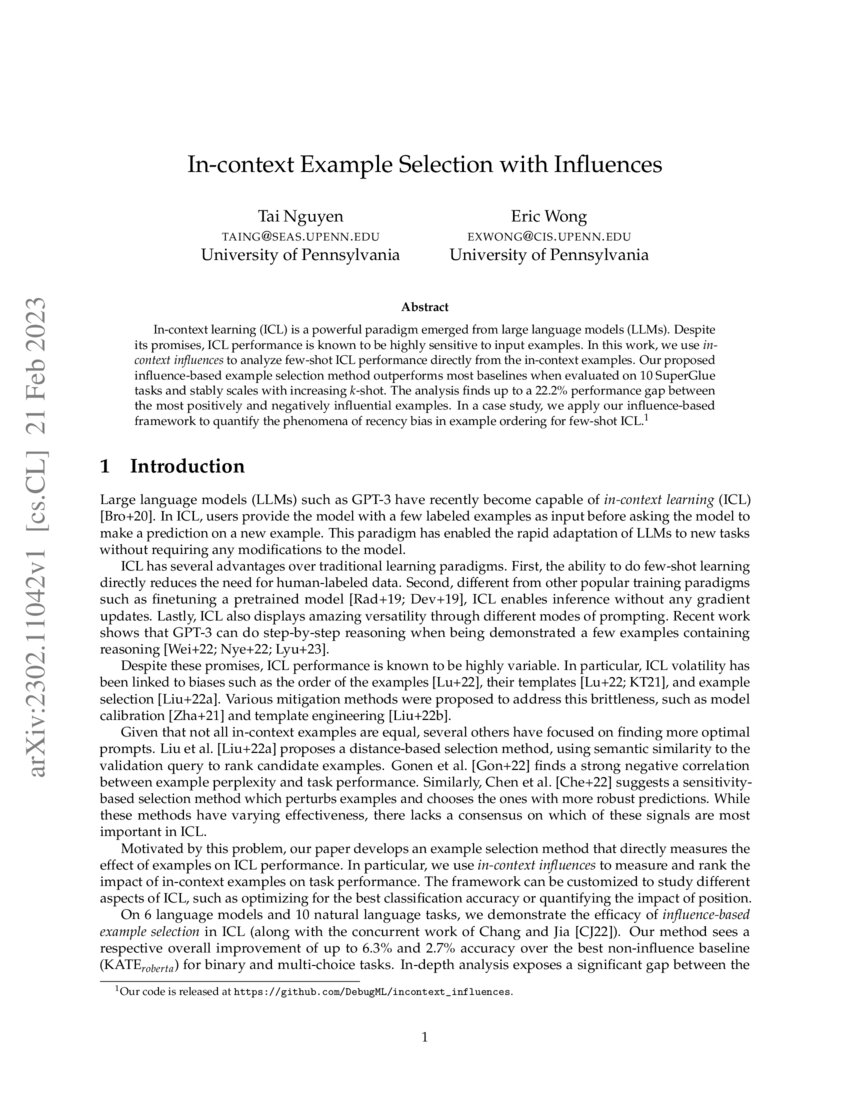 In-context Example Selection with Influences | DeepAI