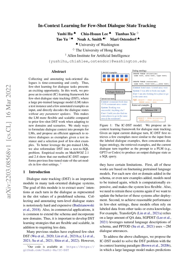 In-Context Learning for Few-Shot Dialogue State Tracking | DeepAI