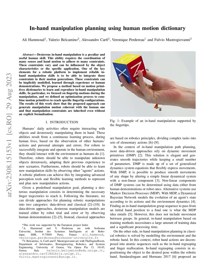 In-hand manipulation planning using human motion dictionary | DeepAI