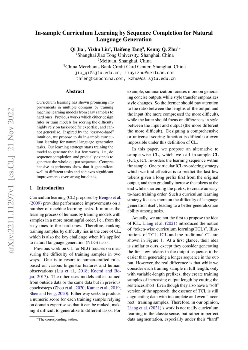 In-sample Curriculum Learning by Sequence Completion for Natural Language Generation | DeepAI