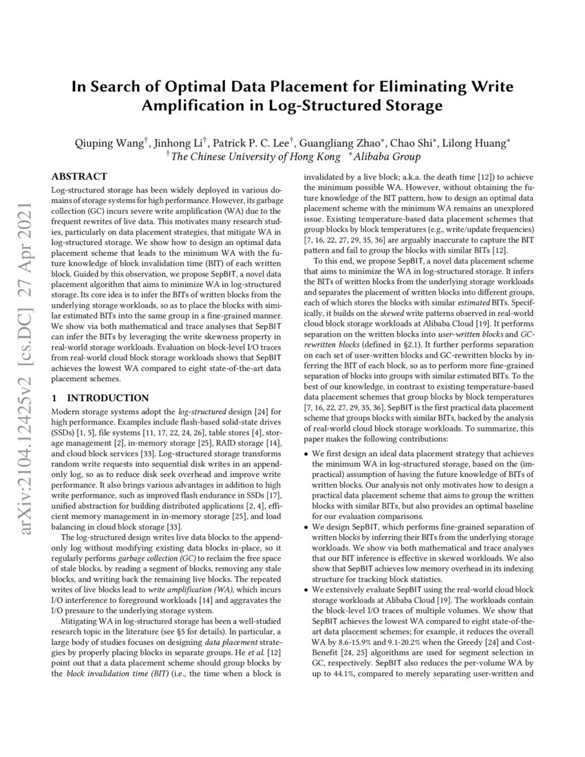 In Search Of Optimal Data Placement For Eliminating Write Amplification In Log Structured 