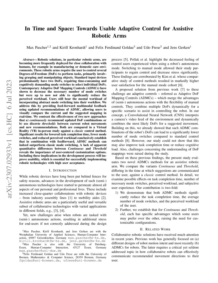 In Time And Space Towards Usable Adaptive Control For Assistive Robotic Arms Deepai 