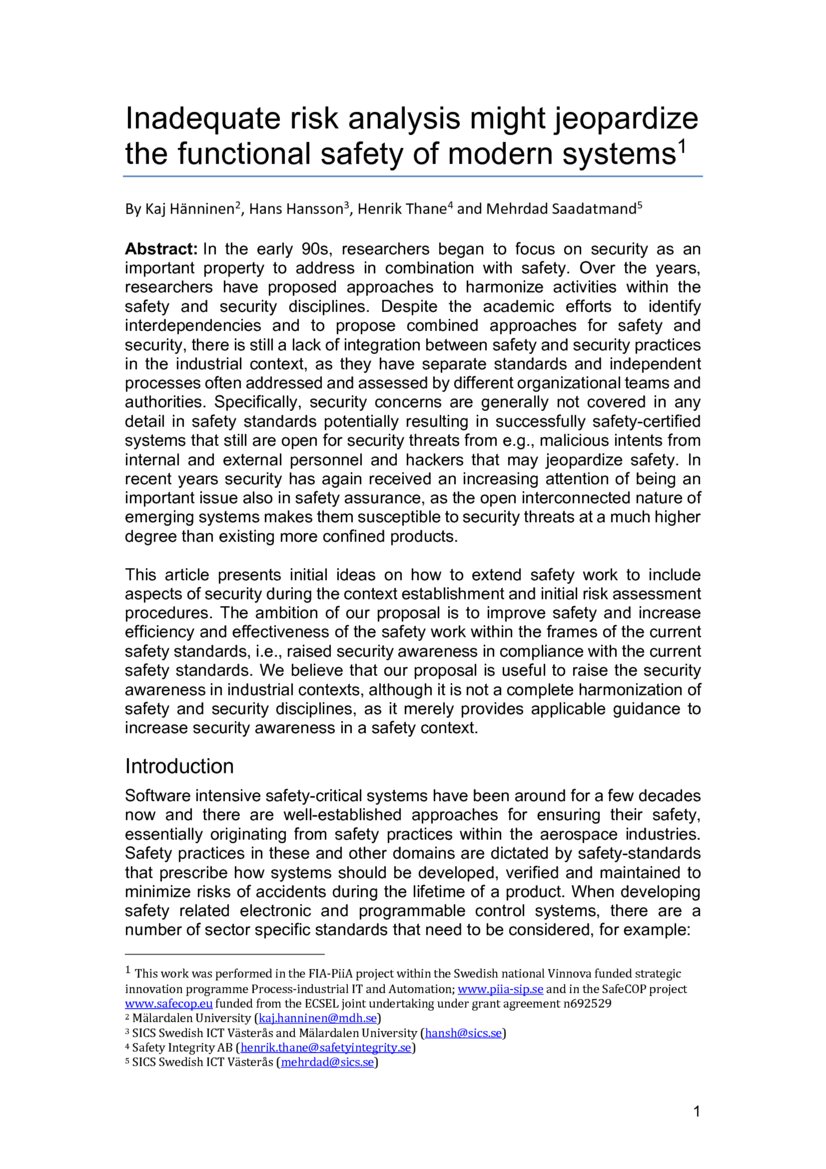 Inadequate Risk Analysis Might Jeopardize The Functional Safety of ...