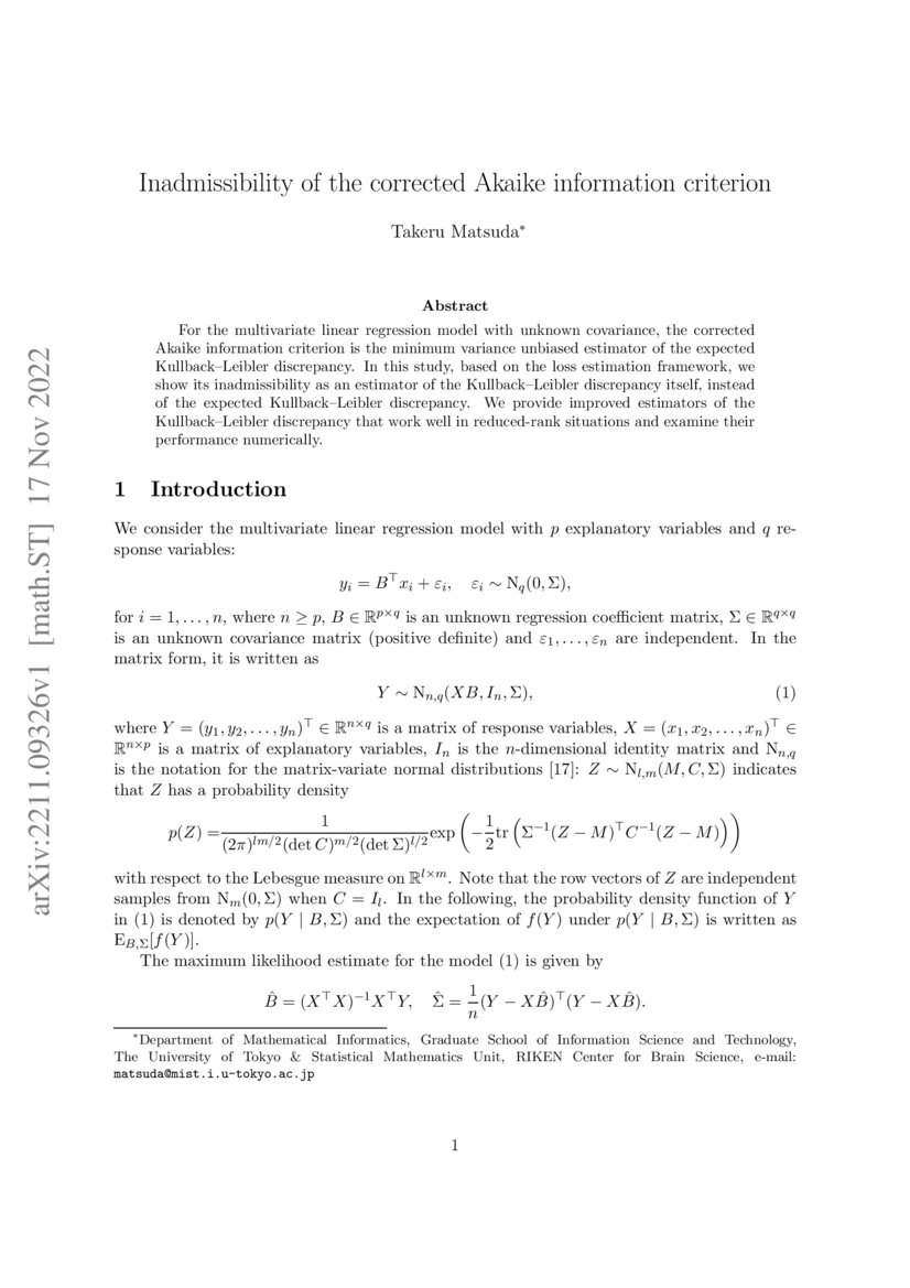 Inadmissibility of the corrected Akaike information criterion | DeepAI