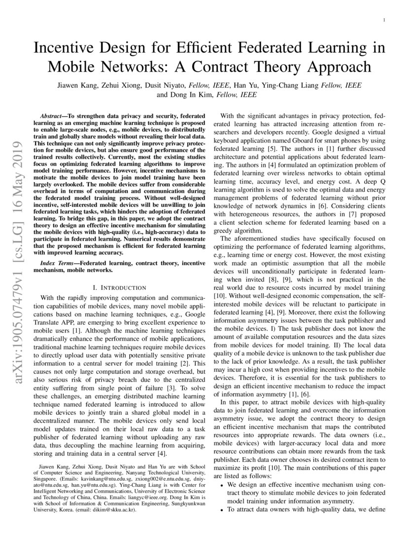 Incentive Design for Efficient Federated Learning in Mobile Networks: A Contract Theory Approach ...
