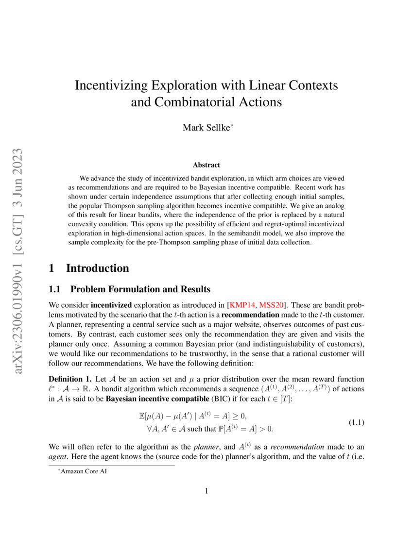 Incentivizing Exploration With Linear Contexts And Combinatorial Actions Deepai
