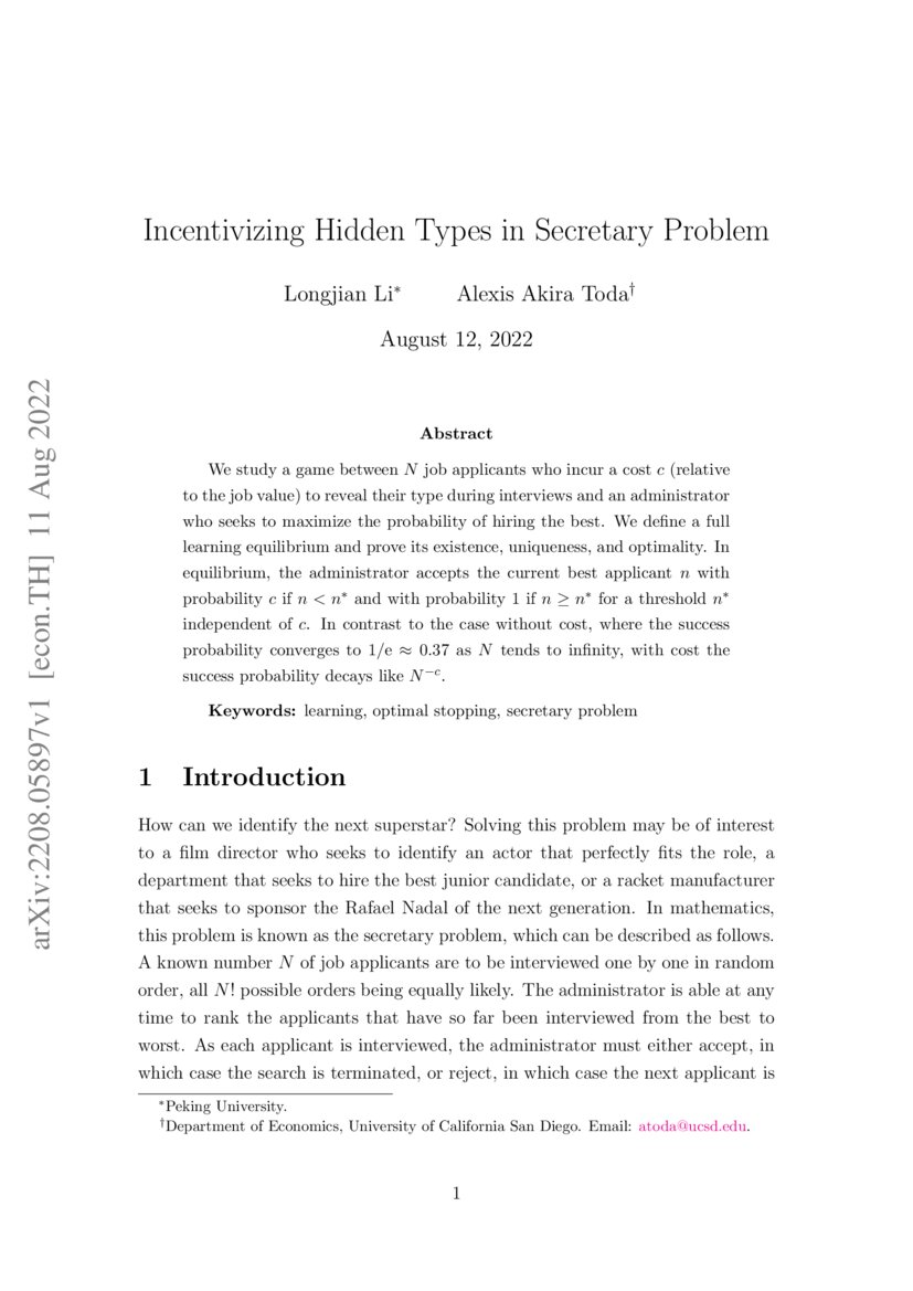 Incentivizing Hidden Types in Secretary Problem | DeepAI