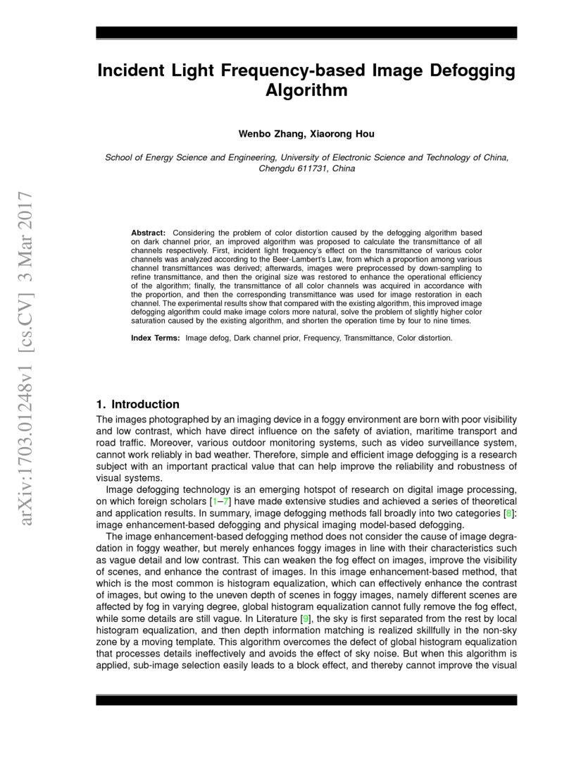 Incident Light Frequency-based Image Defogging Algorithm | DeepAI