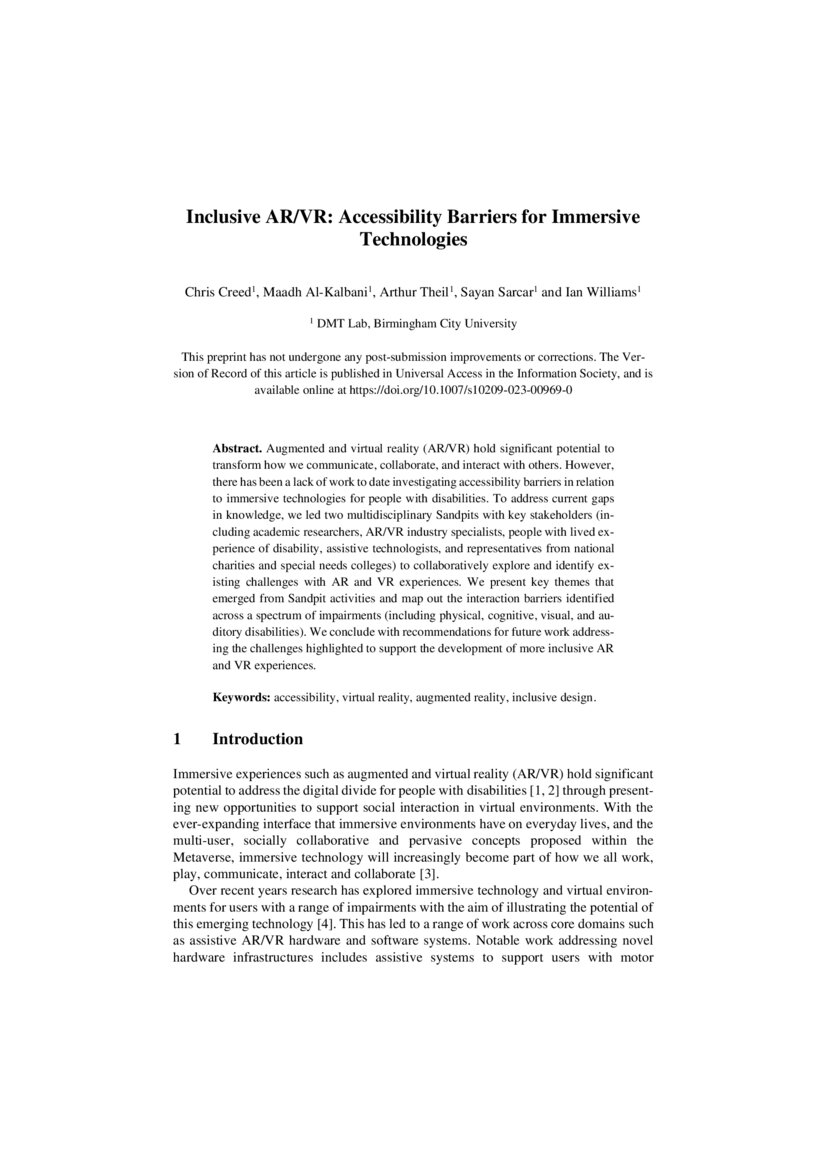 Inclusive AR/VR: Accessibility Barriers for Immersive Technologies | DeepAI