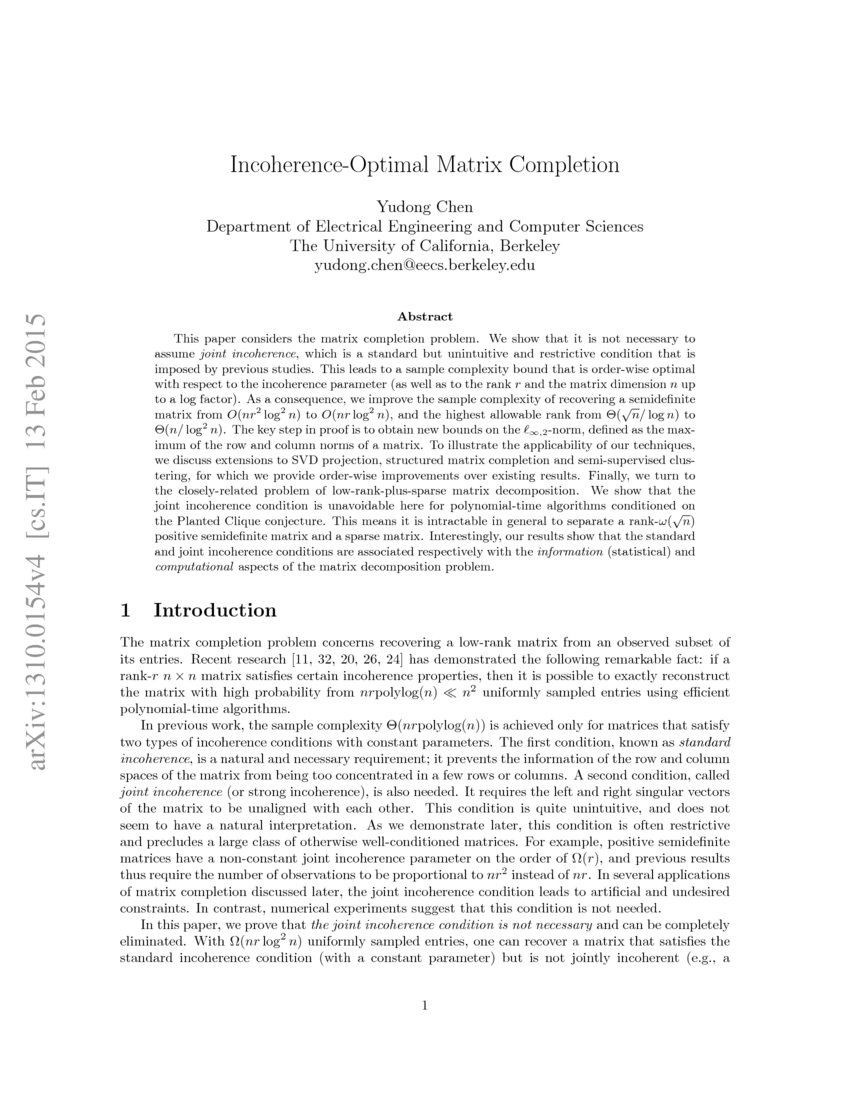Incoherence-Optimal Matrix Completion | DeepAI