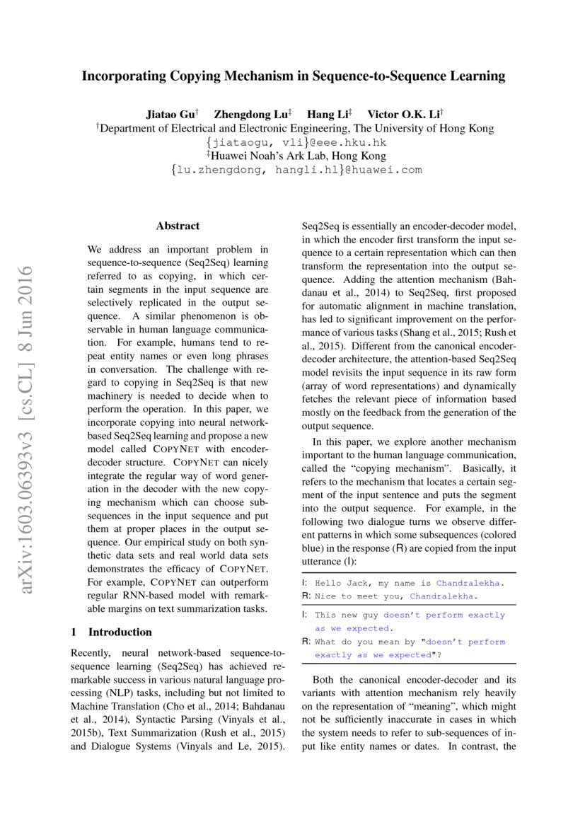 Incorporating Copying Mechanism in Sequence-to-Sequence Learning | DeepAI