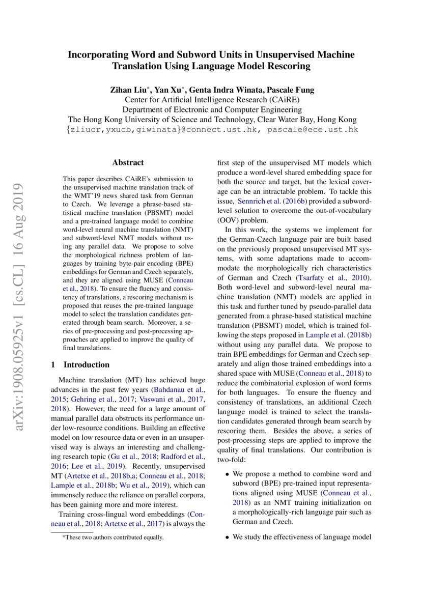 Incorporating Word And Subword Units In Unsupervised Machine Translation Using Language Model