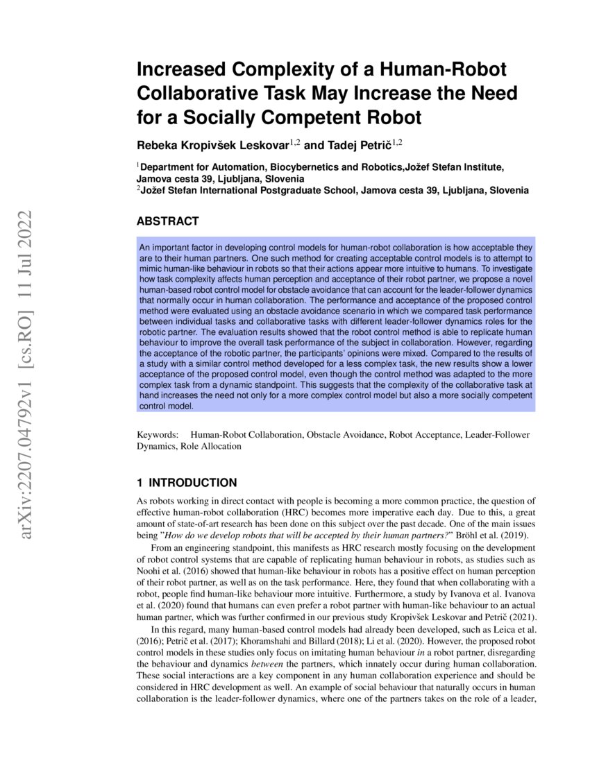 Increased Complexity of a Human-Robot Collaborative Task May Increase ...