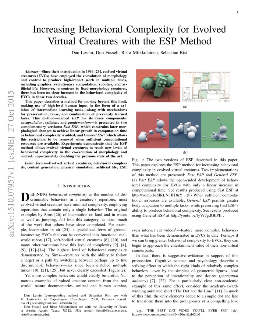 Increasing Behavioral Complexity for Evolved Virtual Creatures with the ESP Method | DeepAI