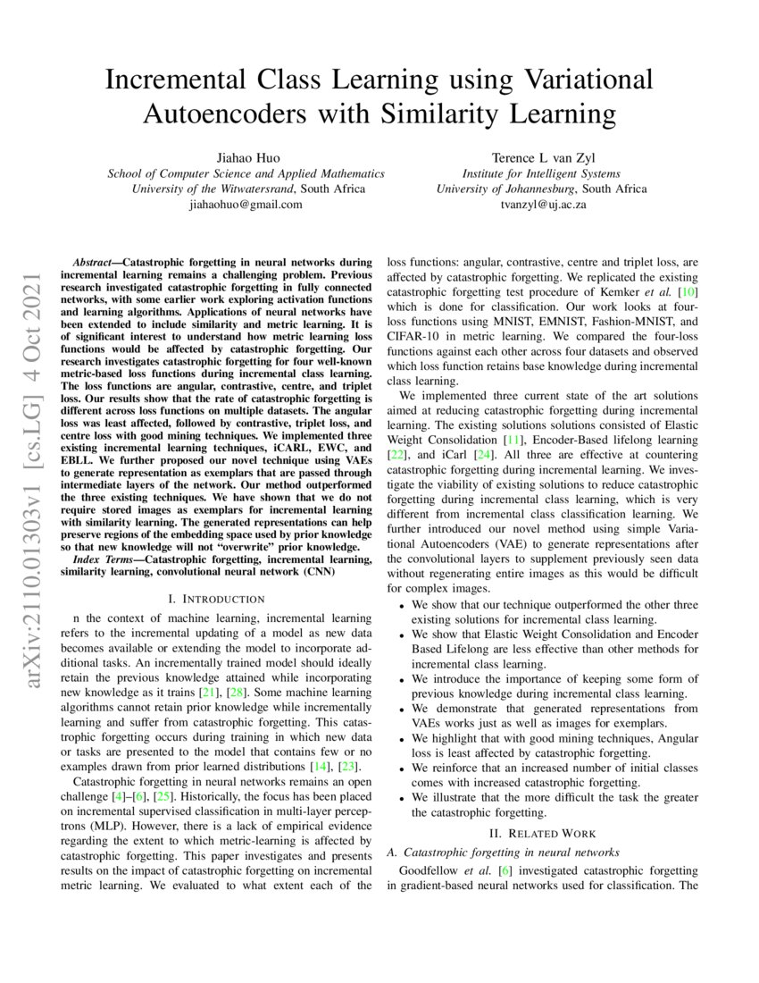 Incremental Class Learning Using Variational Autoencoders With Similarity Learning Deepai 