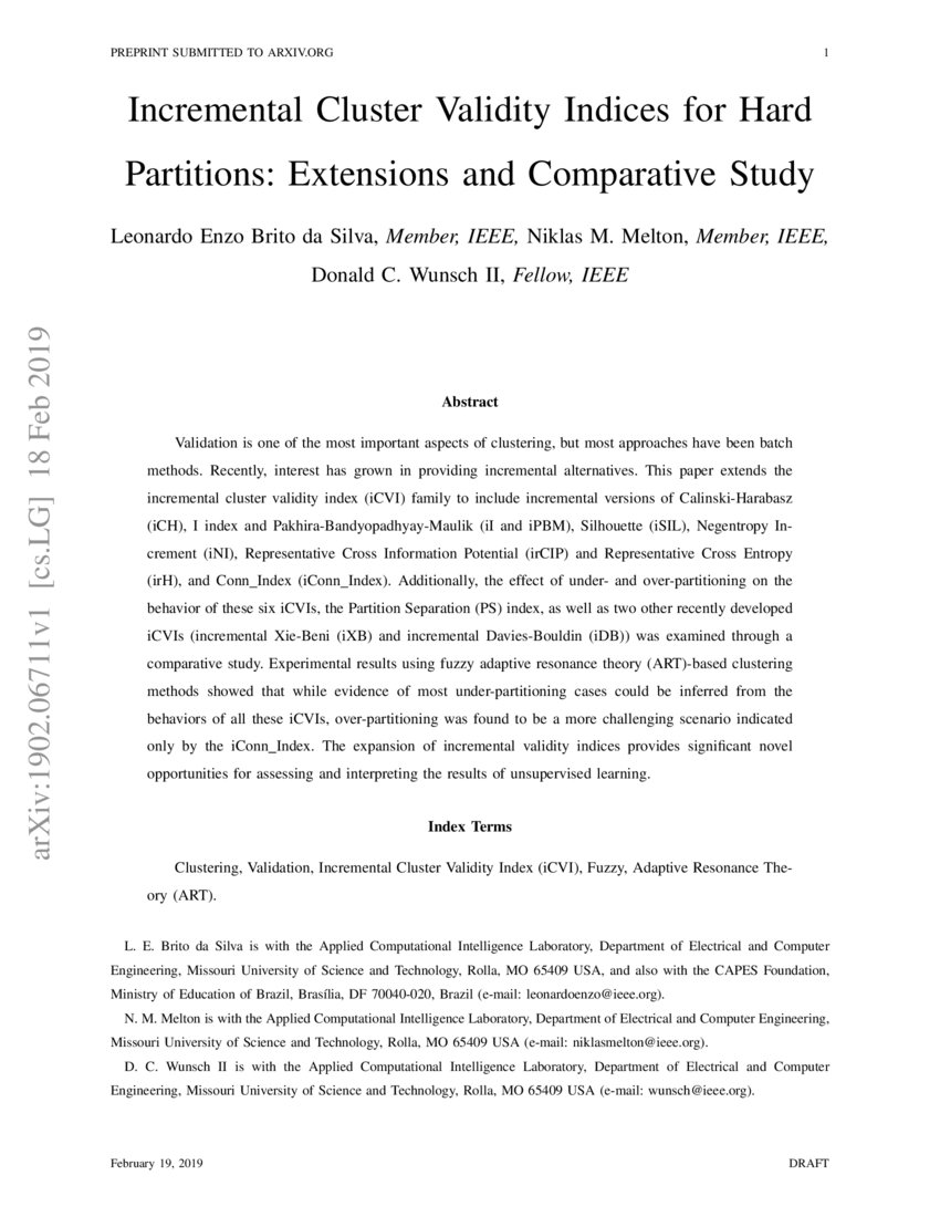 Incremental Cluster Validity Indices for Hard Partitions: Extensions and Comparative Study | DeepAI