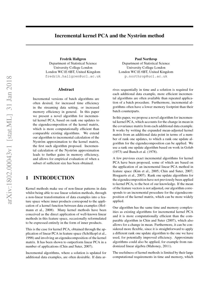 Incremental kernel PCA and the Nyström method | DeepAI
