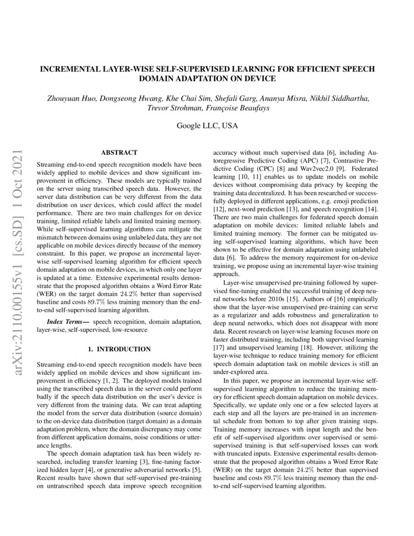 Incremental Layer-wise Self-Supervised Learning for Efficient Speech ... Incremental Layer-wise Self-Supervised Learning for Efficient Speech ...