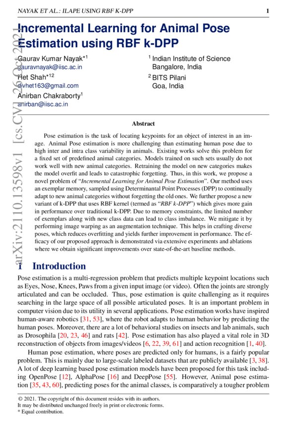 Incremental Learning for Animal Pose Estimation using RBF k-DPP | DeepAI