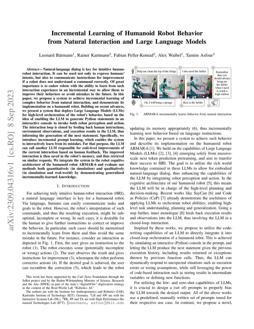 Incremental Learning of Humanoid Robot Behavior from Natural Interaction and Large Language ...