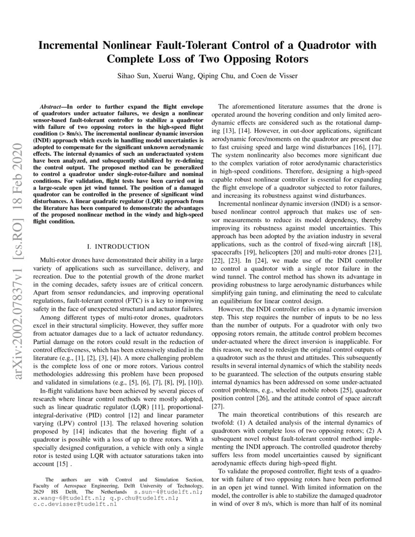 Incremental Nonlinear Fault-Tolerant Control of a Quadrotor with Complete Loss of Two Opposing ...