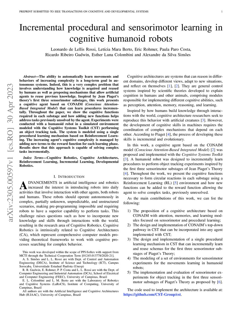 Incremental procedural and sensorimotor learning in cognitive humanoid robots | DeepAI