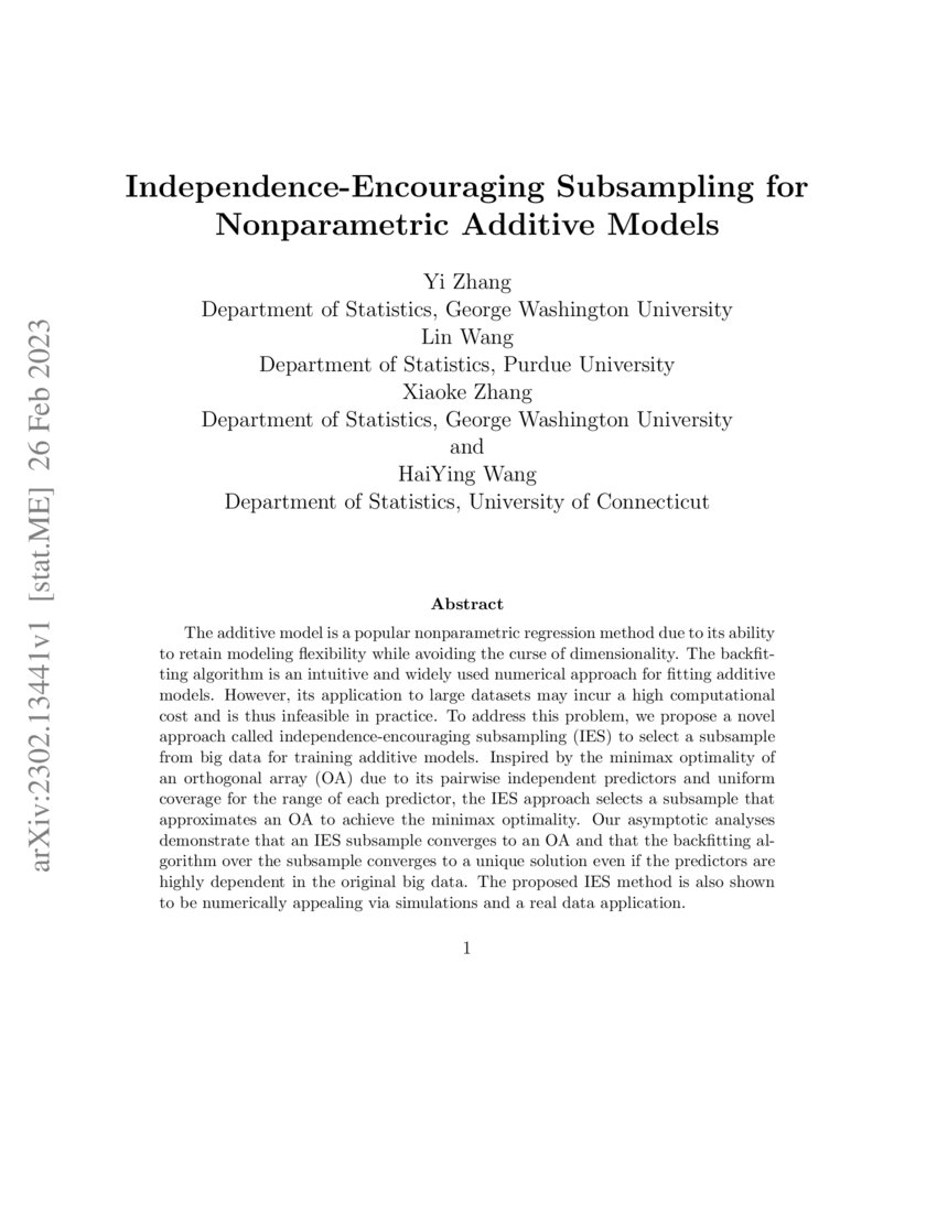 Independence Encouraging Subsampling For Nonparametric Additive Models