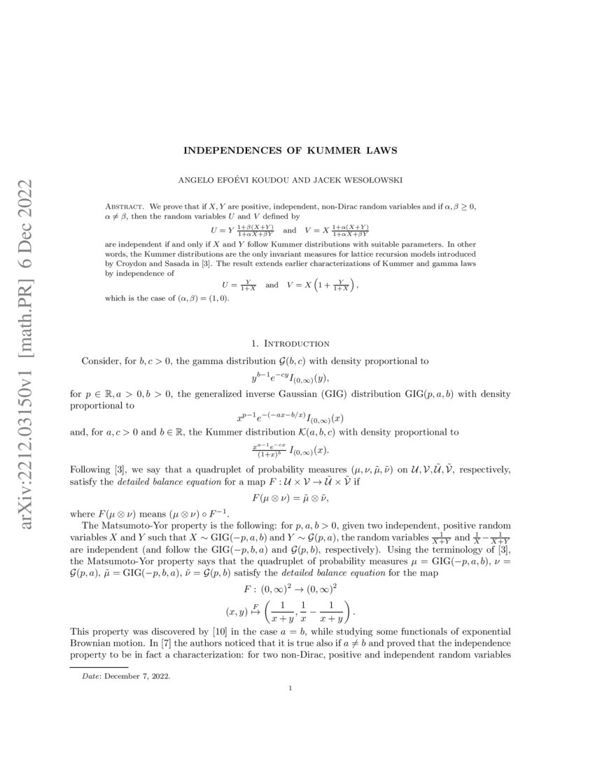 Independences of Kummer laws | DeepAI