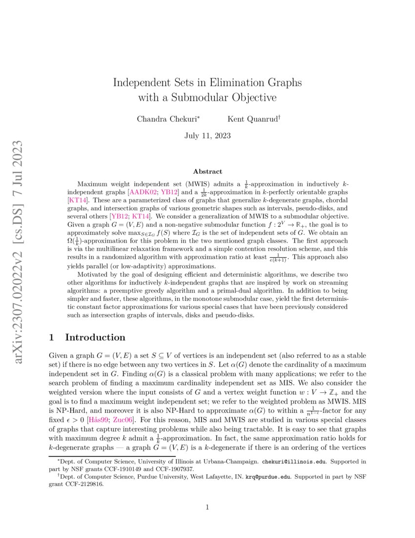 Independent Sets In Elimination Graphs With A Submodular Objective Deepai