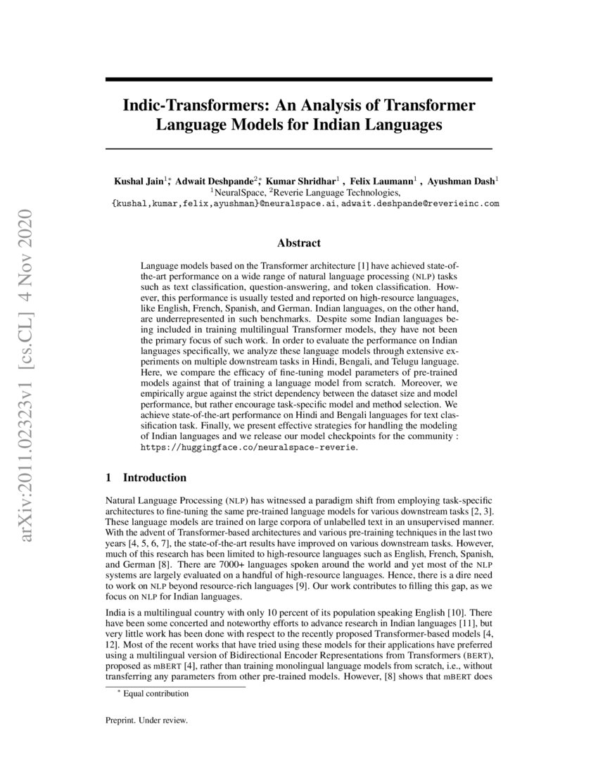 Indic-Transformers: An Analysis of Transformer Language Models for Indian Languages | DeepAI