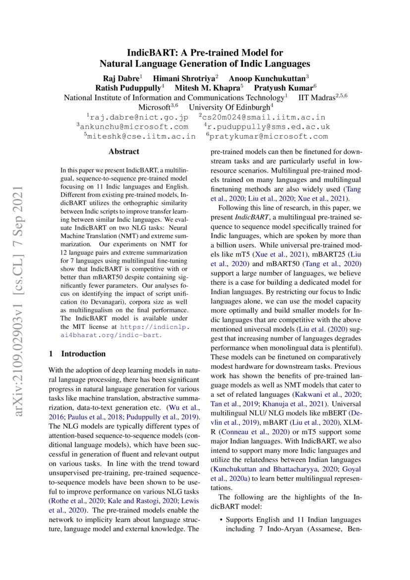 IndicBART: A Pre-trained Model for Natural Language Generation of Indic ...