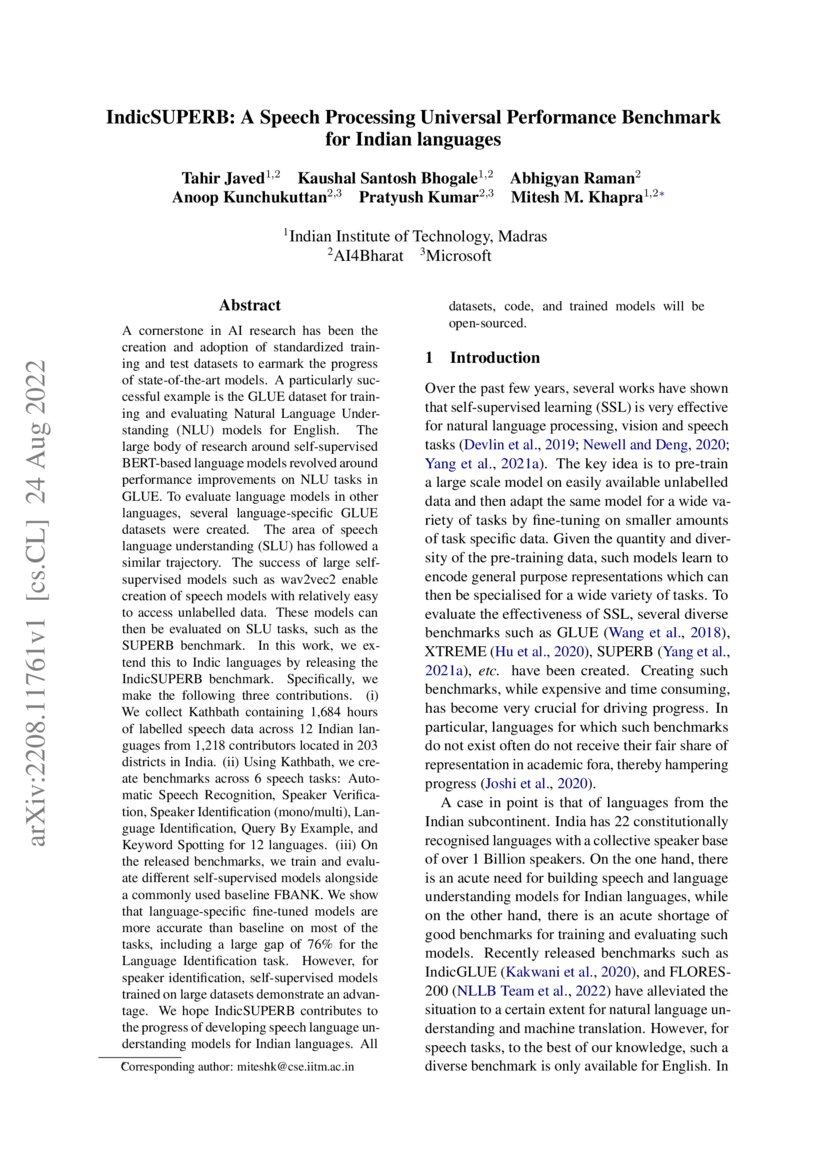 IndicSUPERB: A Speech Processing Universal Performance Benchmark for Indian languages | DeepAI