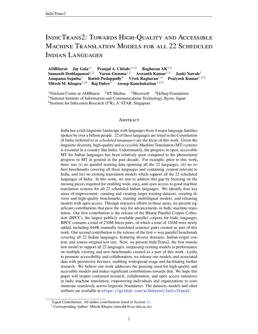 IndicTrans2: Towards High-Quality and Accessible Machine Translation ...