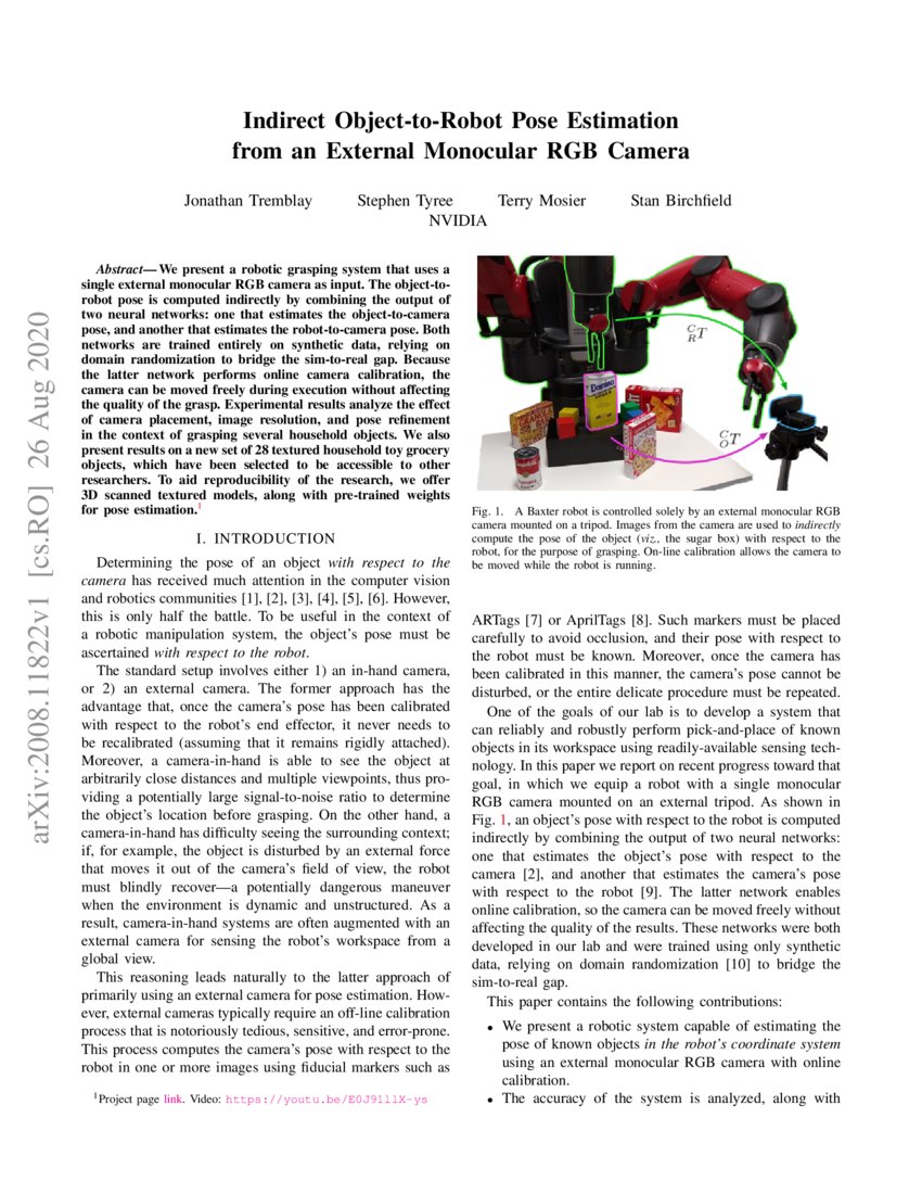 Indirect Object-to-Robot Pose Estimation from an External Monocular RGB Camera | DeepAI