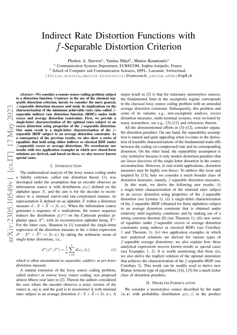 Indirect Rate Distortion Functions With F Separable Distortion Criterion Deepai