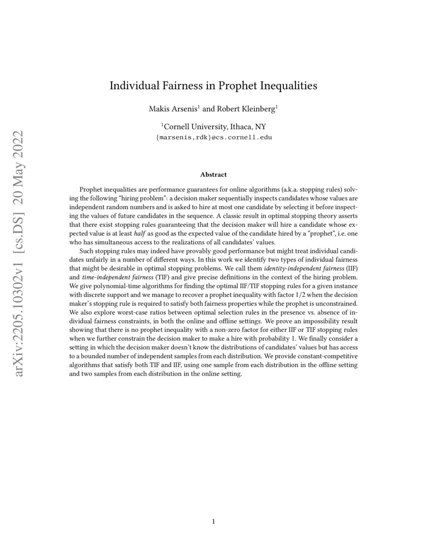 Individual Fairness in Prophet Inequalities | DeepAI