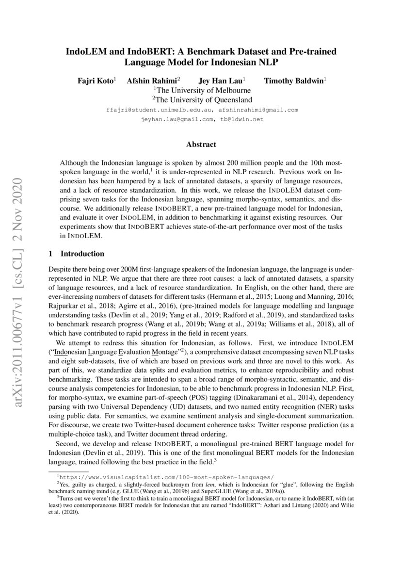 IndoLEM and IndoBERT: A Benchmark Dataset and Pre-trained Language Model for Indonesian NLP | DeepAI