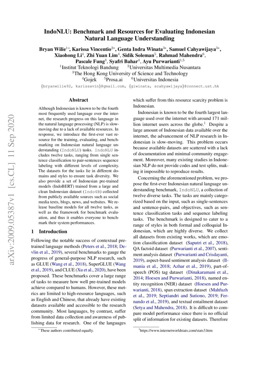 IndoNLU: Benchmark and Resources for Evaluating Indonesian Natural ...