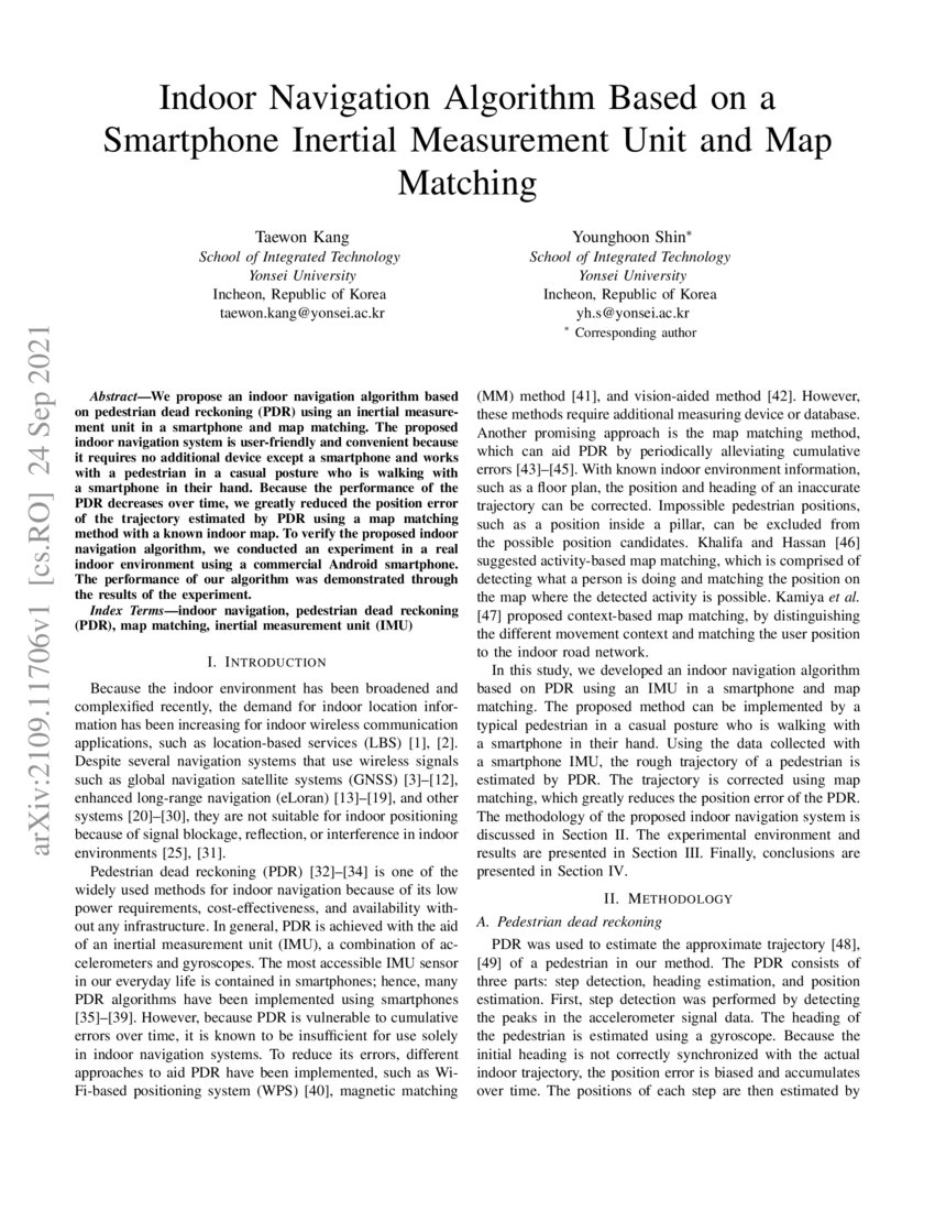 Indoor Navigation Algorithm Based On A Smartphone Inertial Measurement Unit And Map Matching 7842