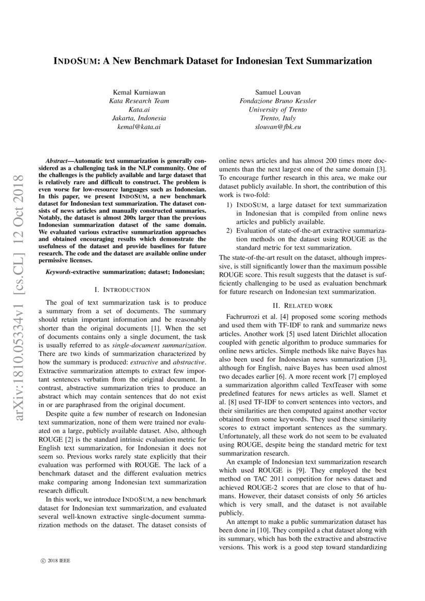 IndoSum: A New Benchmark Dataset for Indonesian Text Summarization | DeepAI