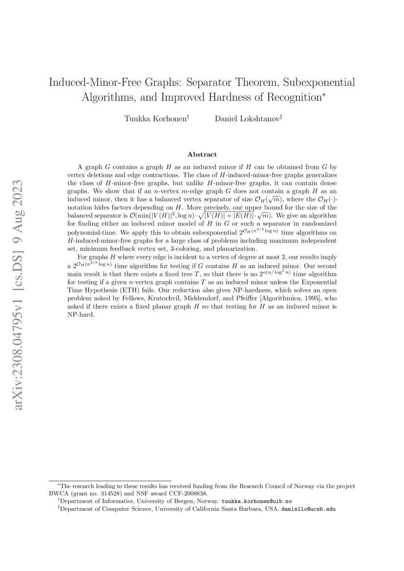Induced Minor Free Graphs Separator Theorem Subexponential Algorithms And Improved Hardness