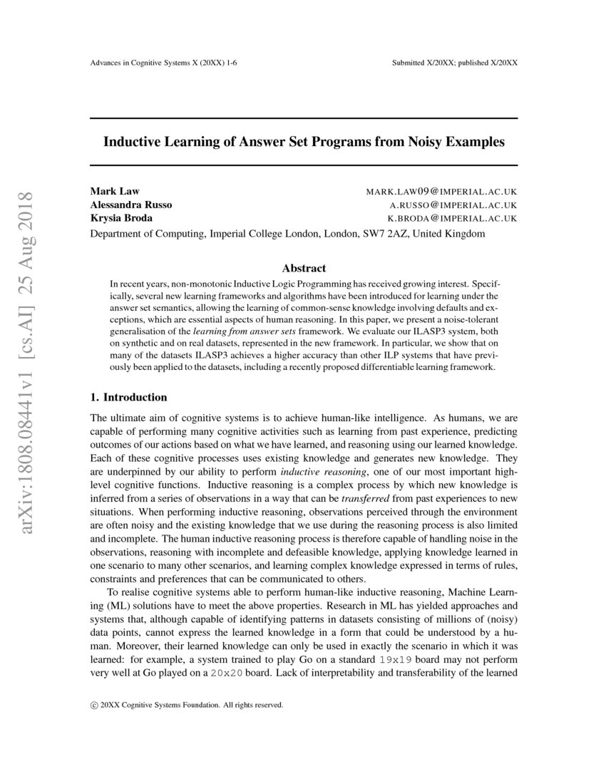 Inductive Learning of Answer Set Programs from Noisy Examples | DeepAI