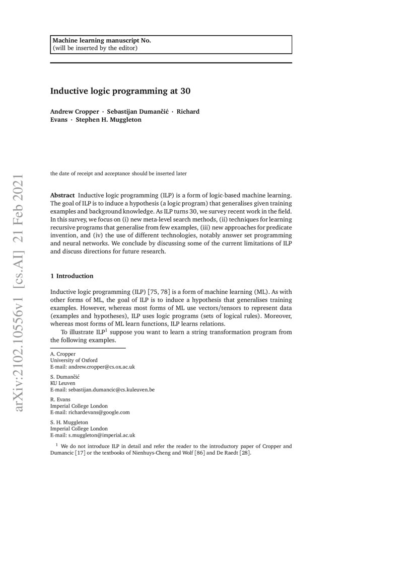 Inductive Logic Programming At 30 Deepai