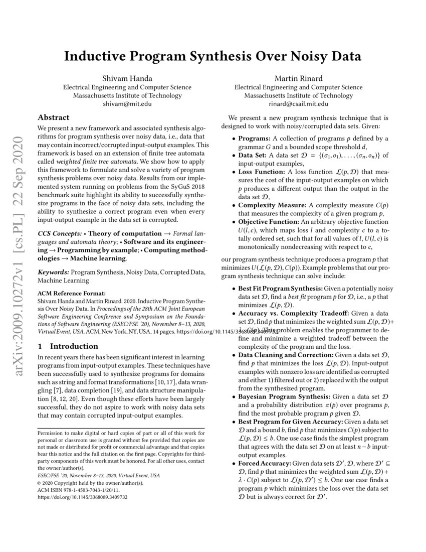 Inductive Program Synthesis Over Noisy Data Deepai