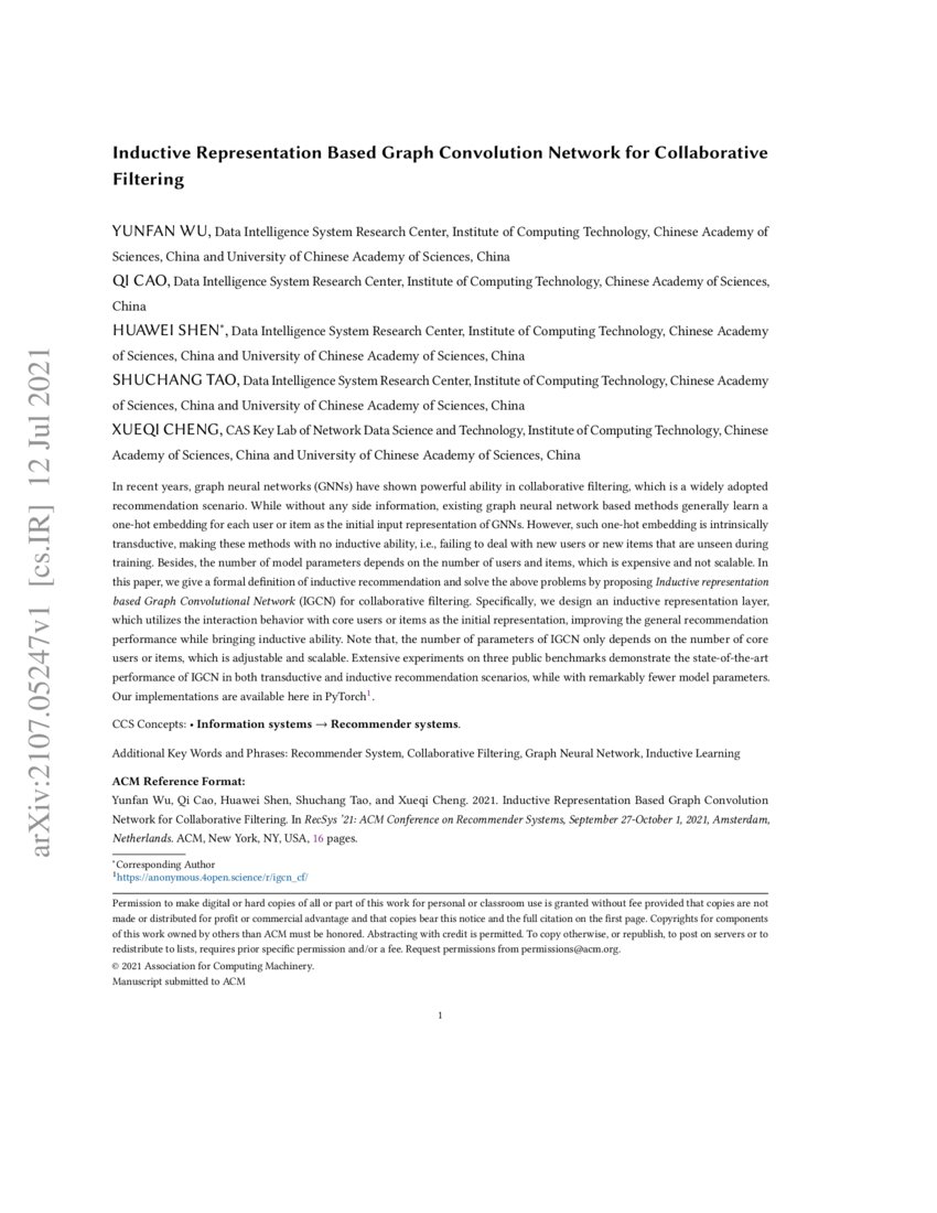 Inductive Representation Based Graph Convolution Network For Collaborative Filtering Deepai
