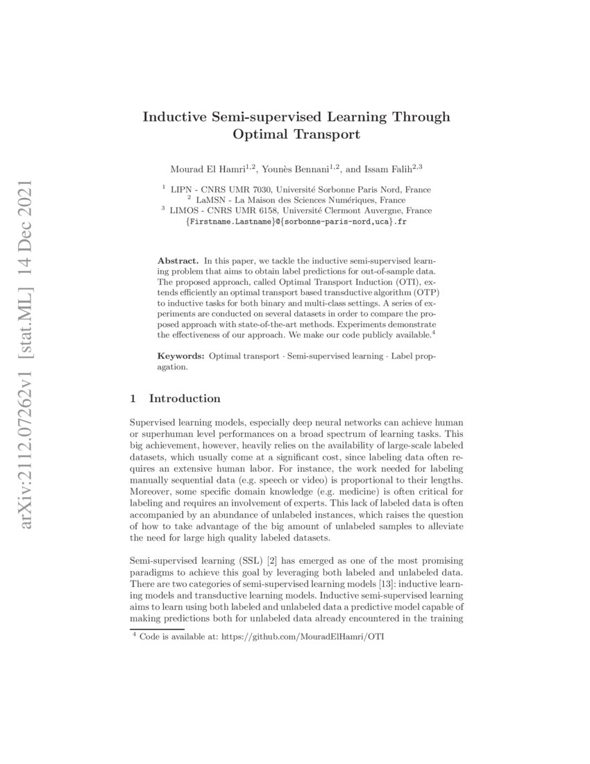 Inductive Semi-supervised Learning Through Optimal Transport | DeepAI Inductive Semi-supervised Learning Through Optimal Transport | DeepAI