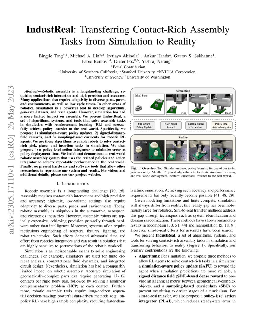 IndustReal: Transferring Contact-Rich Assembly Tasks from Simulation to Reality | DeepAI