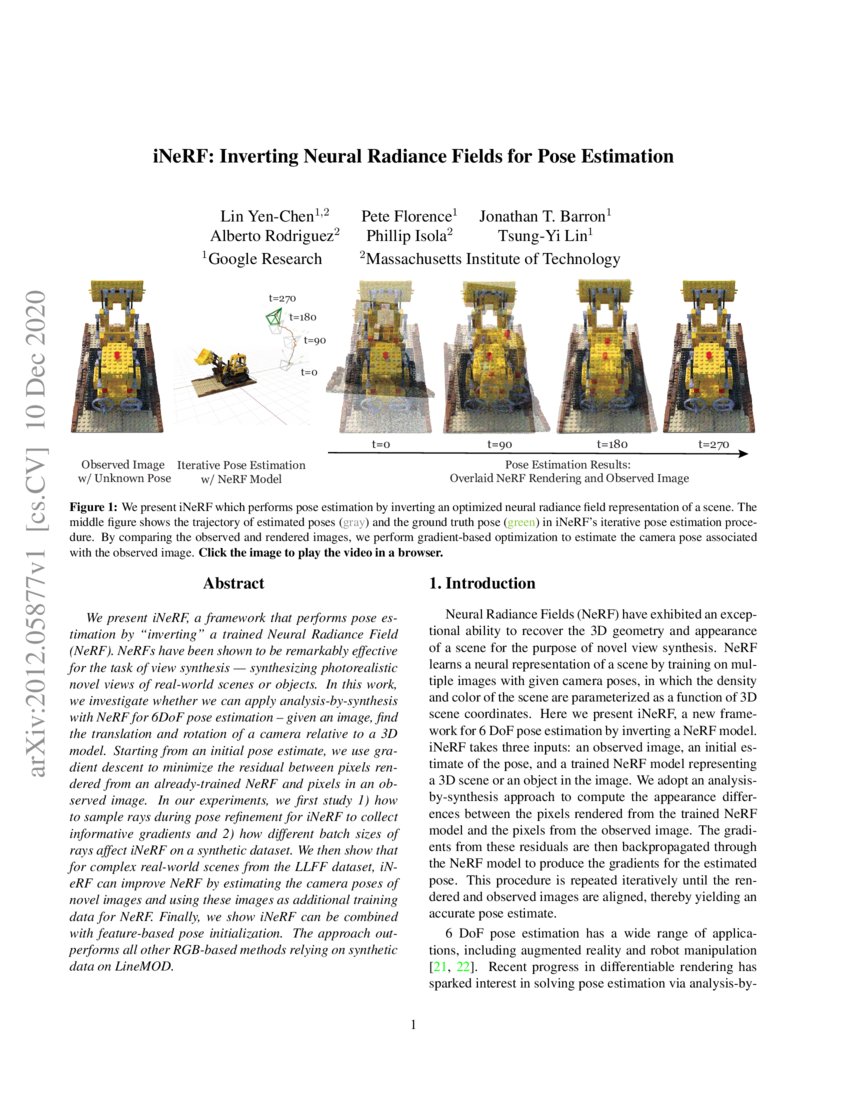 iNeRF: Inverting Neural Radiance Fields for Pose Estimation | DeepAI